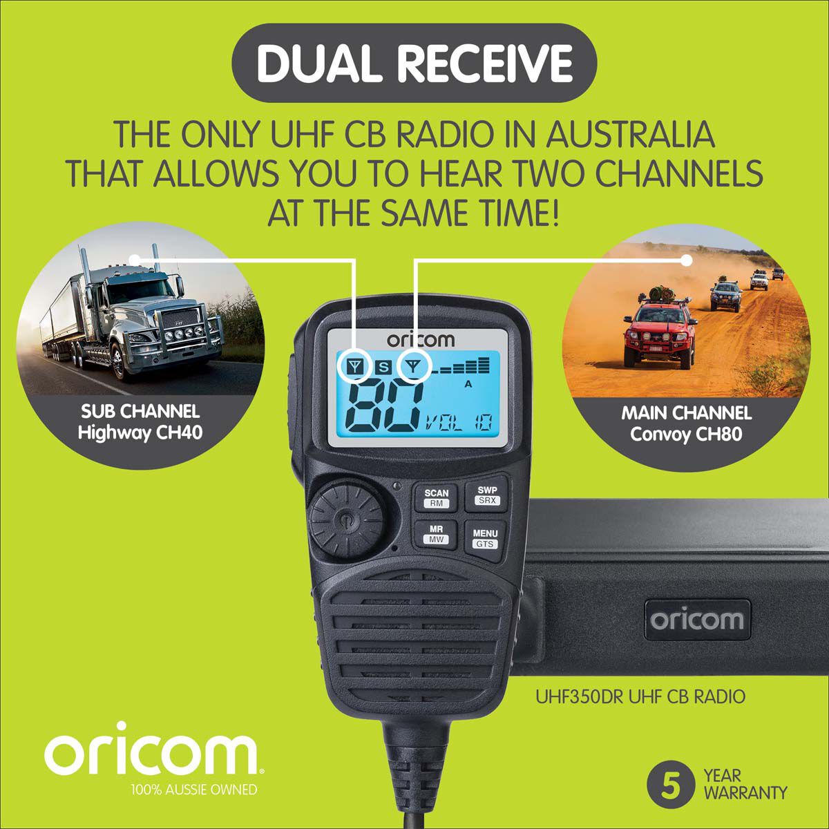 Oricom UHF CB Dual Receive Radio 5W UHF350DR | BCF